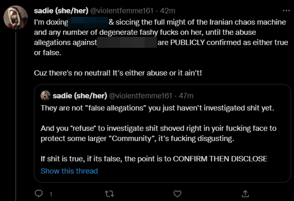 Sadie Threatening State Violence – Sadie Farrell Sends Doxxes to Andy Ngo